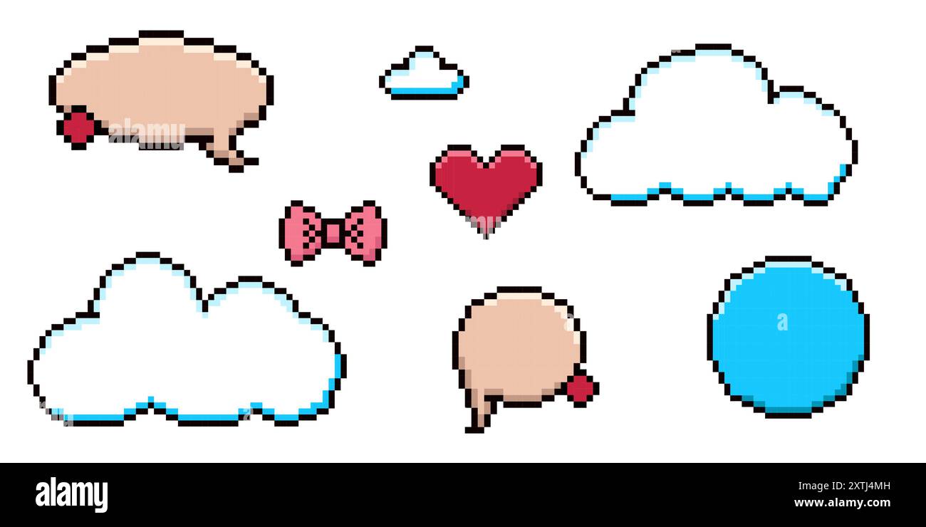 Set of pixel art dialogue box, heart, star, cloud. Speech bubbles in ...