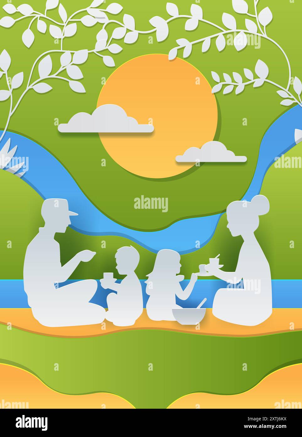 Family picnic outdoor scene nature paper cut style silhouette figures ...