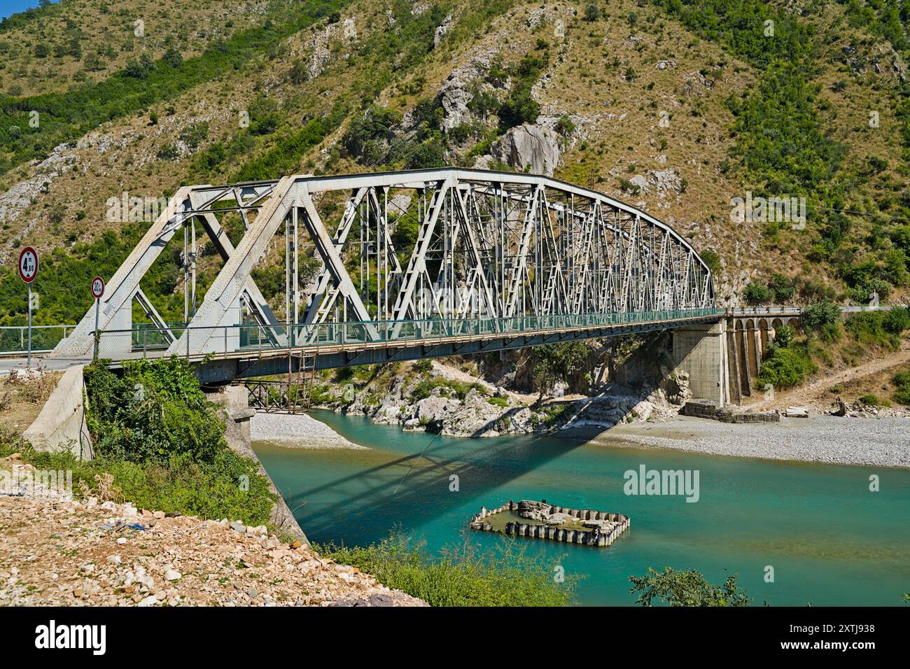Dragoti Bridge over the Vjosa river seen from the northern side of the ...