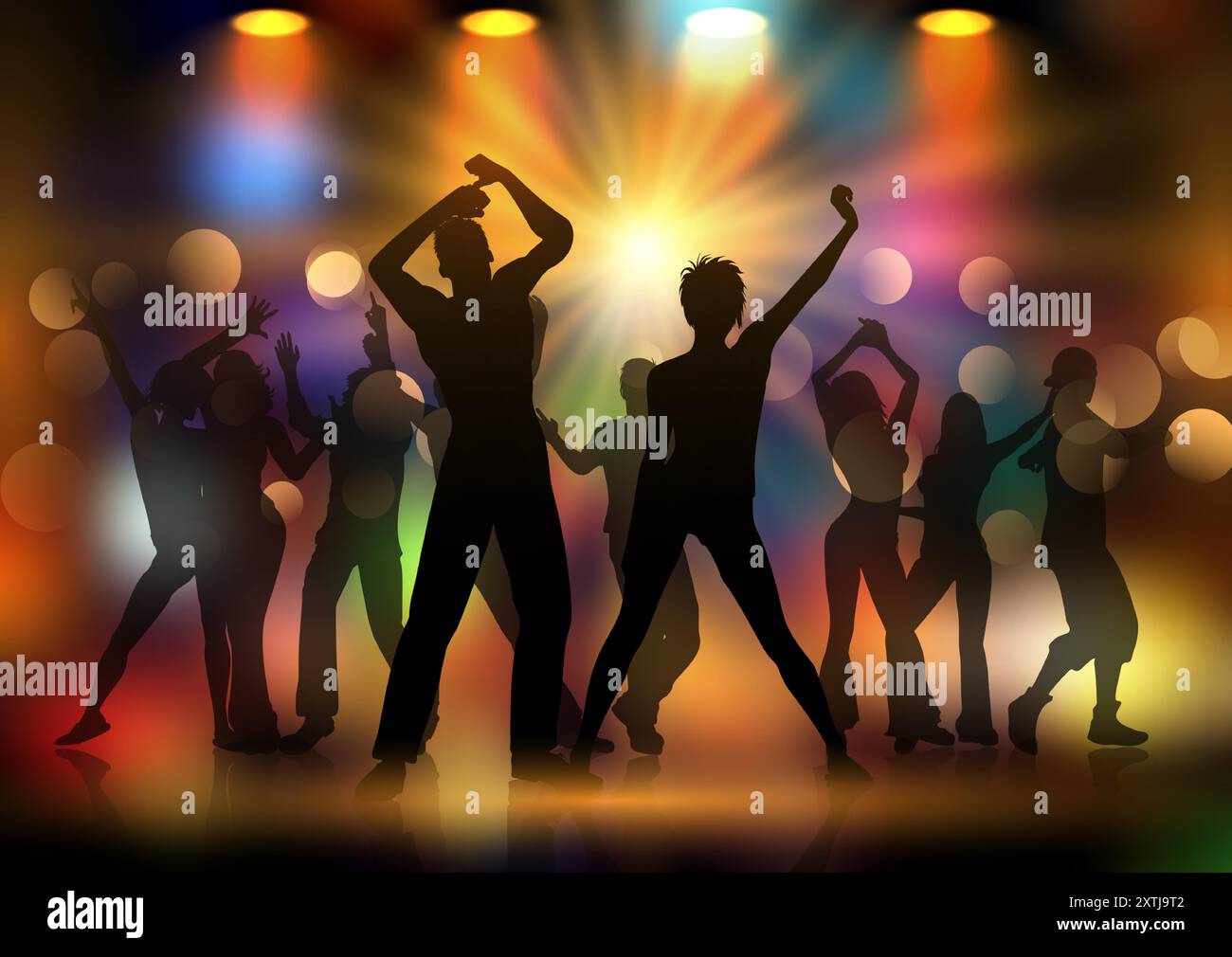 Silhouettes of a group of people dancing on a disco lights background ...