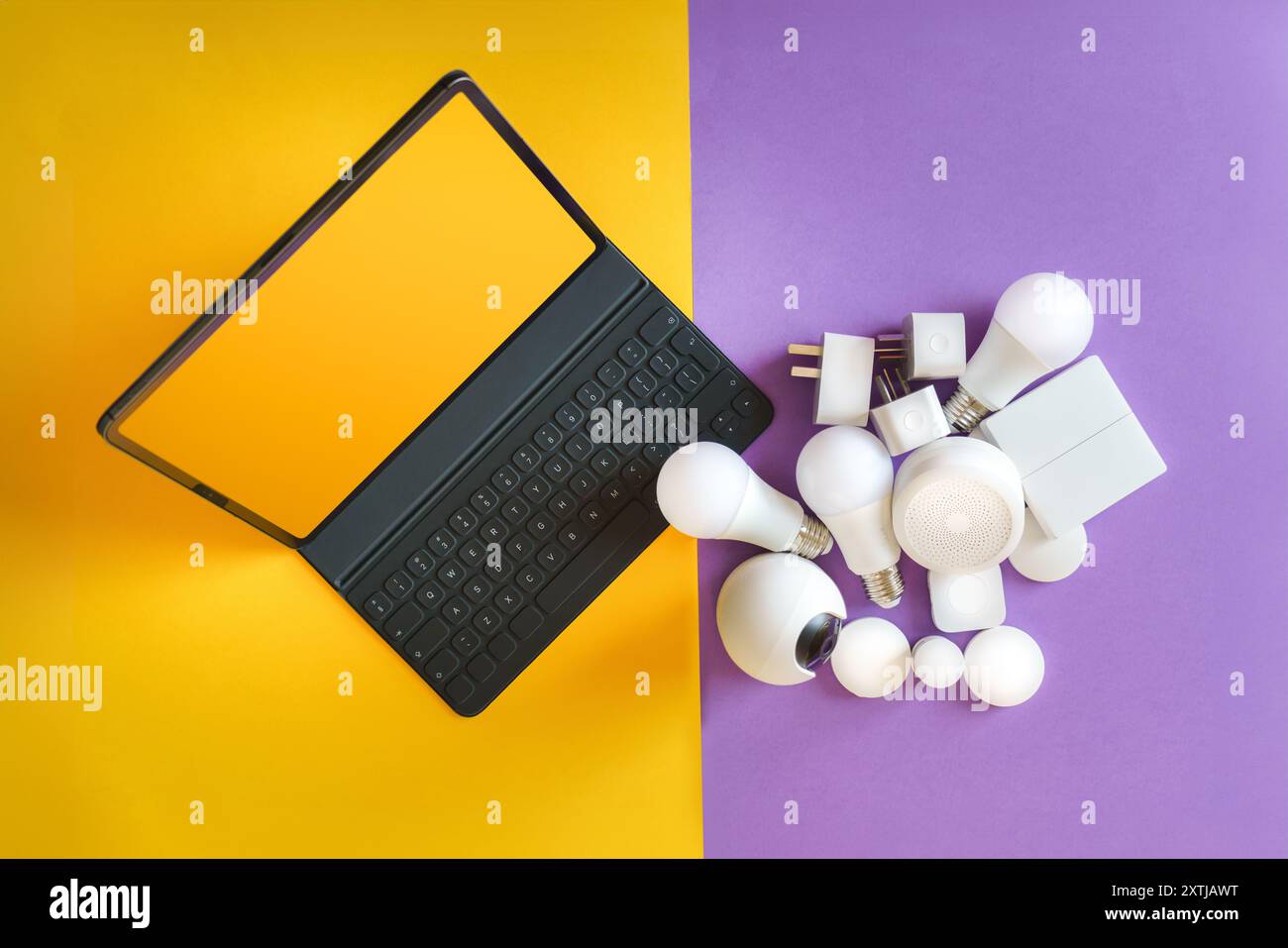 Smart home devices and laptop. Blank screen mockup. Remote control ...
