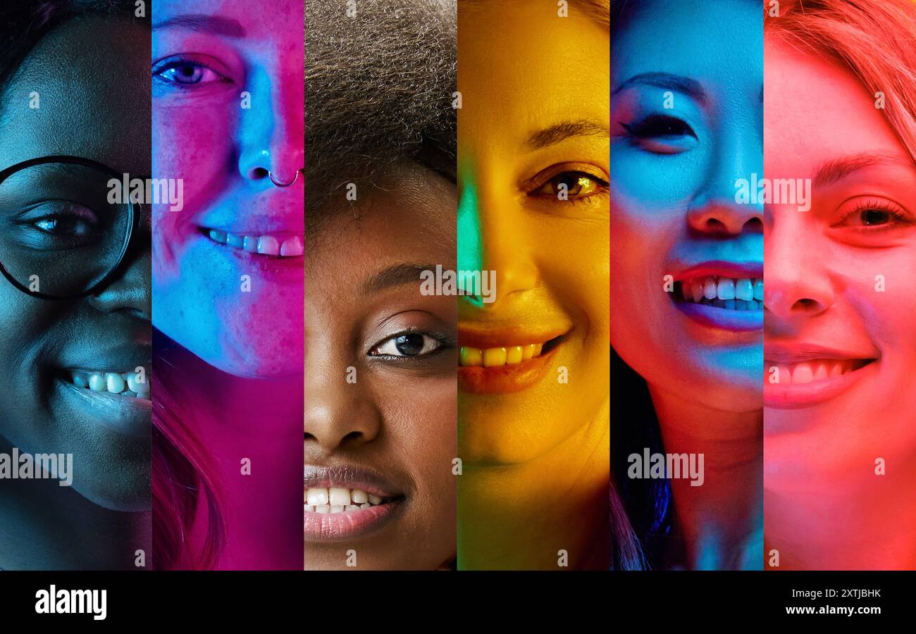Powerful collage of women's faces, each illuminated in vibrant colors ...