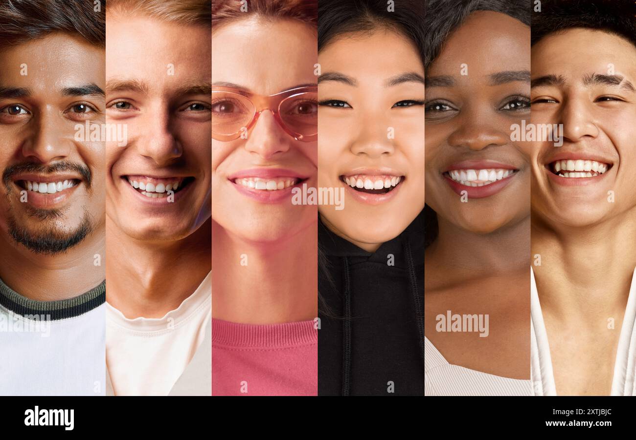 Joyful collage of diverse, smiling people, executing positive emotions ...