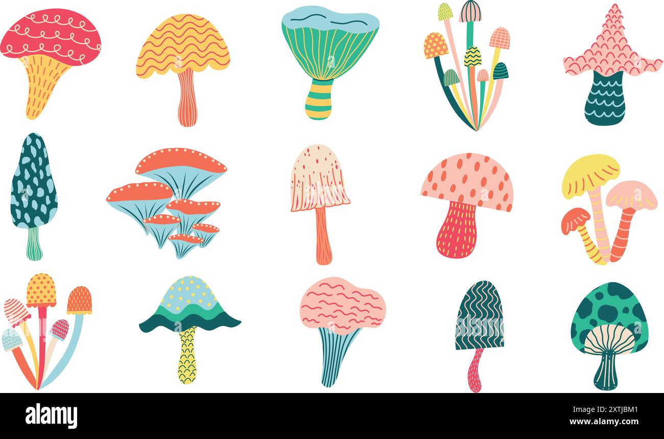 Set of whimsical mushrooms. Stylized fantastical fungi. Hand drawn vector illustrations Stock ...