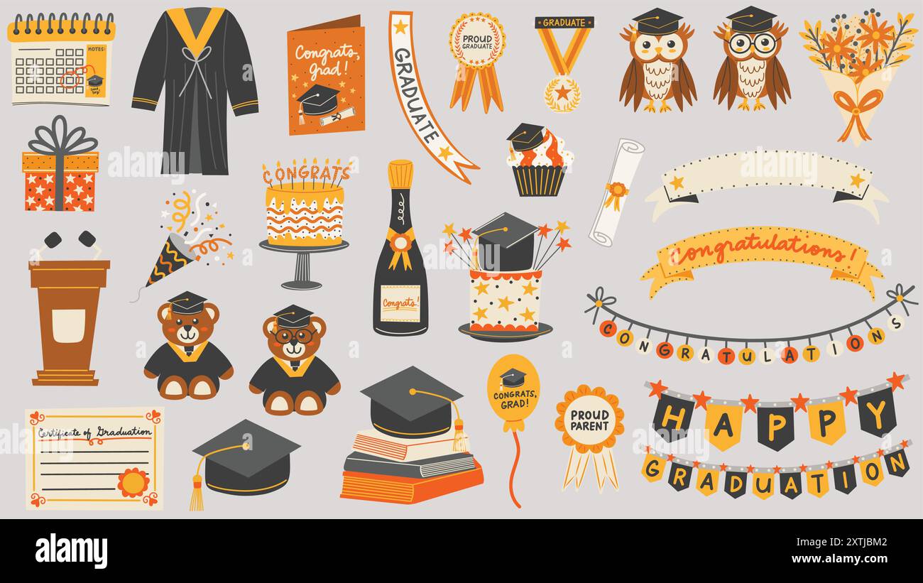 School graduation elements set. Congratulatory messages, greeting card ...
