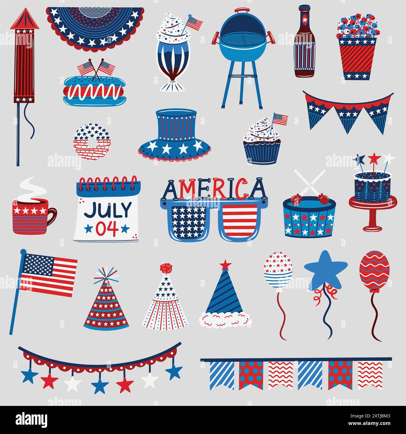 Fourth of July elements set. American flag, patriotic party balloons ...