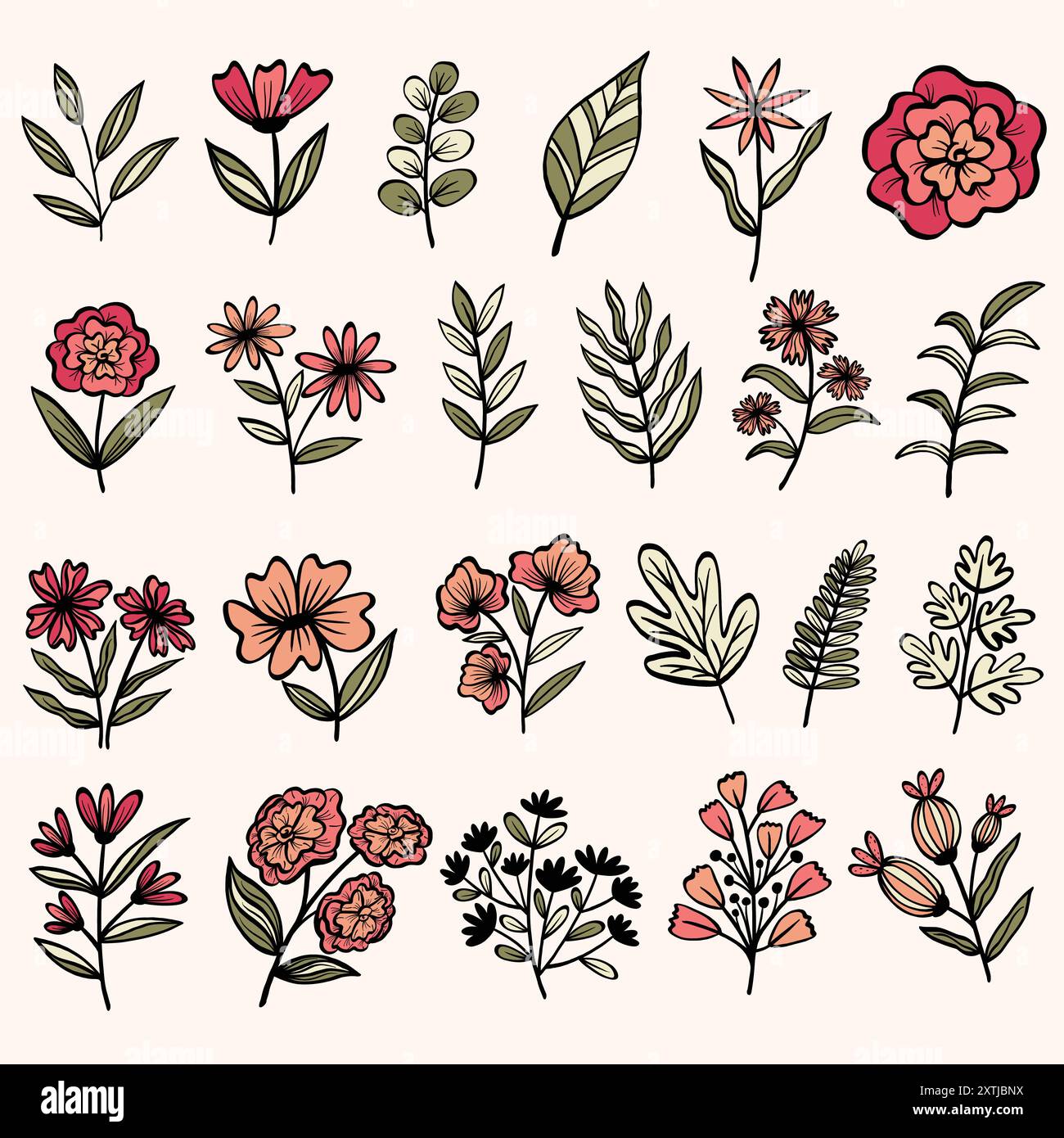 Spring flowers and foliage elements set. Hand drawn vector ...