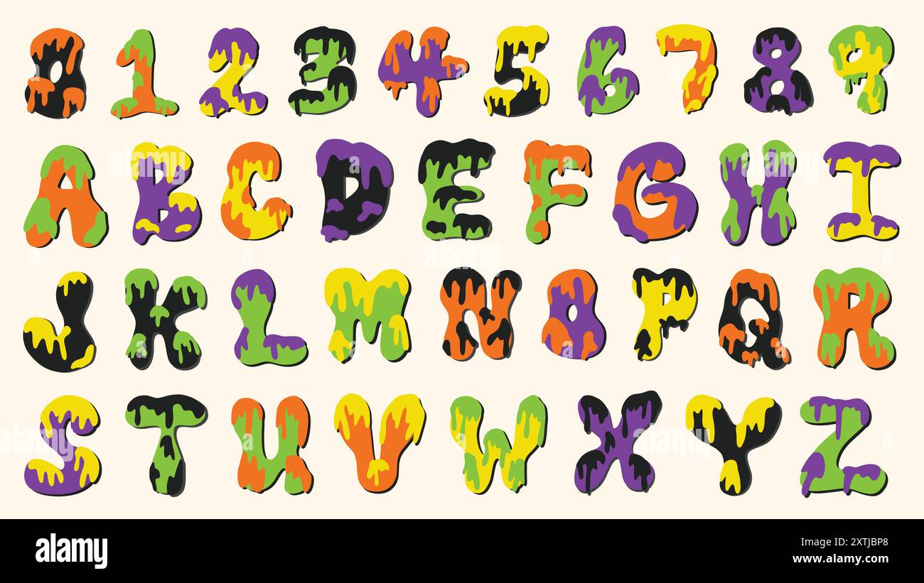 Groovy retro slime alphabet letters and numbers set. Hand lettered ...