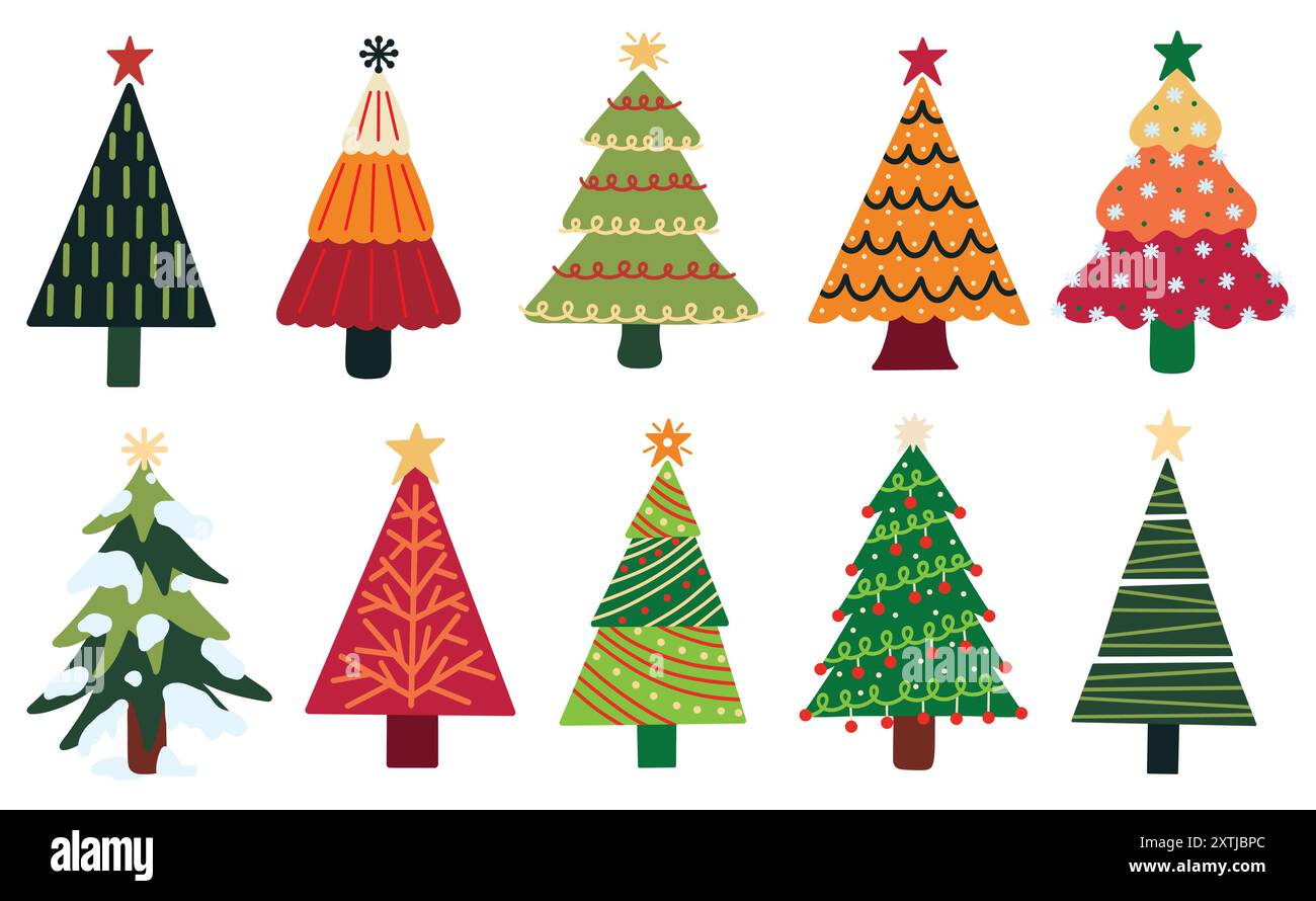 Festive Christmas trees elements set. Hand drawn vector illustrations ...