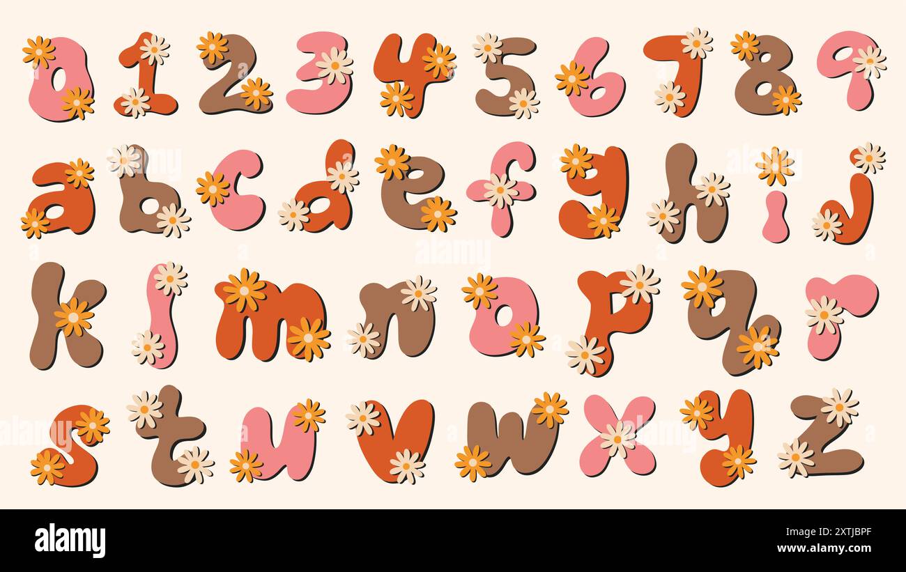 Groovy retro daisy alphabet letters and numbers set. Hand lettered ...