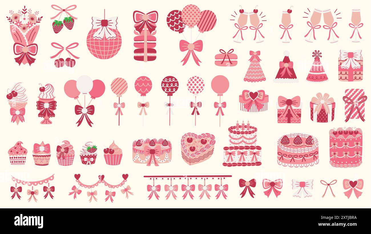 Coquette themed birthday party illustration set. Vintage cakes ...