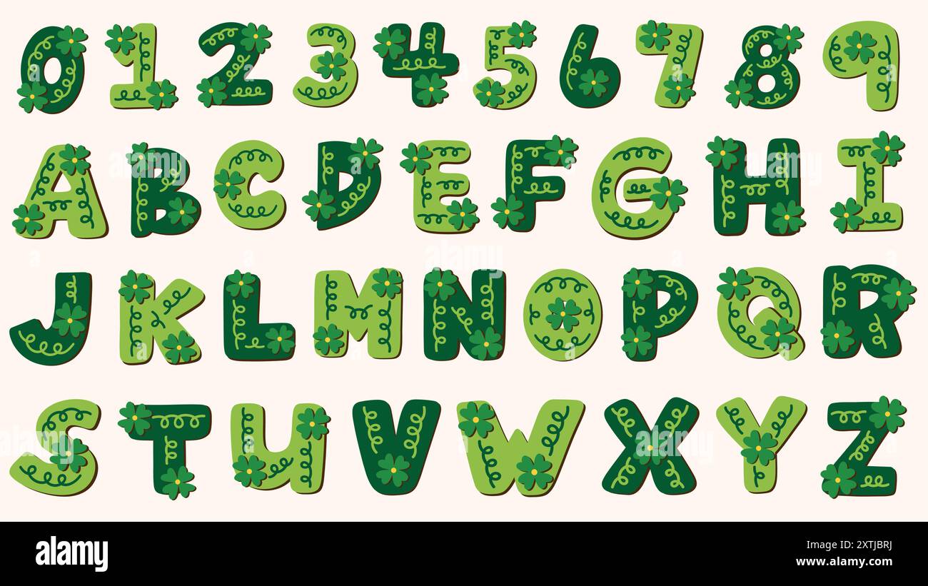 Clover leaf alphabet letters and numbers. Hand lettered St. Patrick's ...