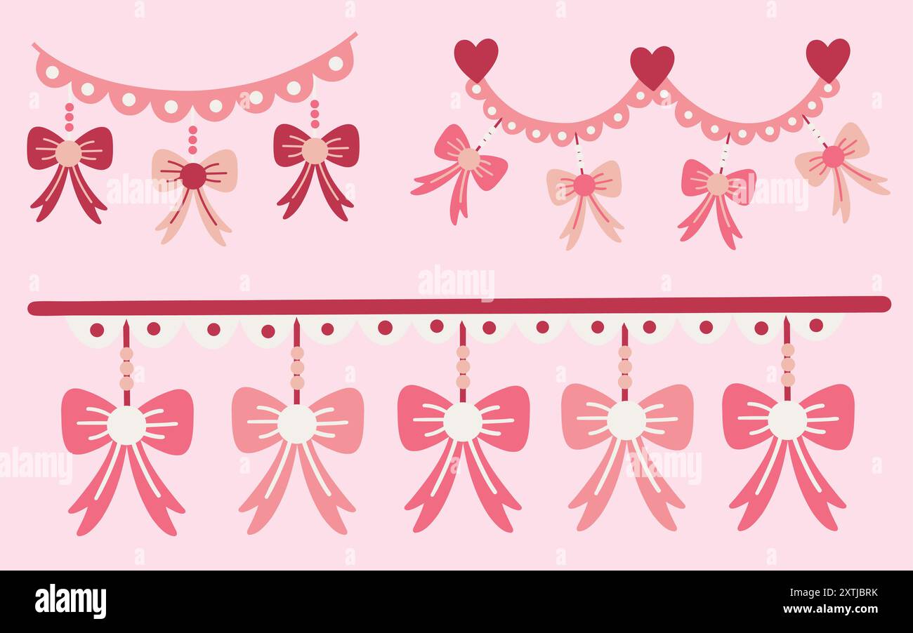 Coquette style ribbon banners and buntings illustration set. Decorative ...