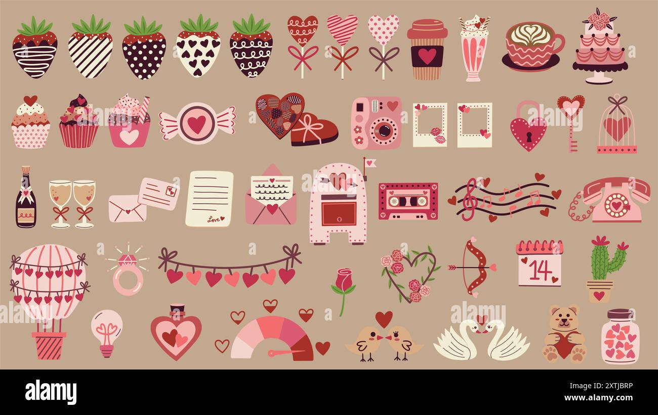 Valentine's Day elements set. Chocolate covered strawberries, heart ...