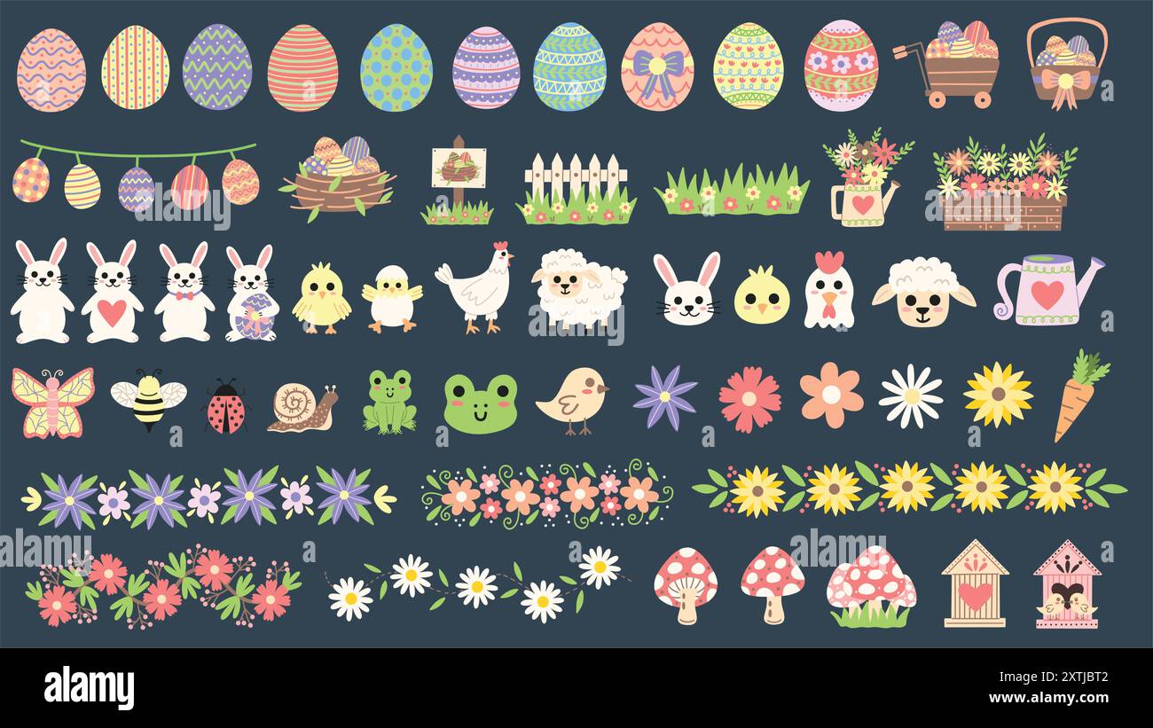 Pastel Easter garden illustration set. Easter eggs, easter bunnies ...