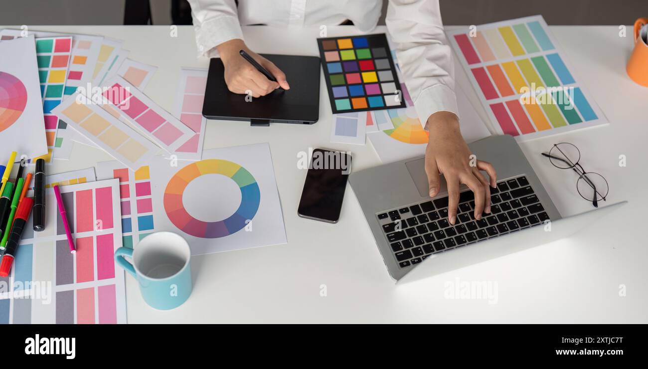 Creative Graphic Designer Working with Color Palettes and Digital Tools ...