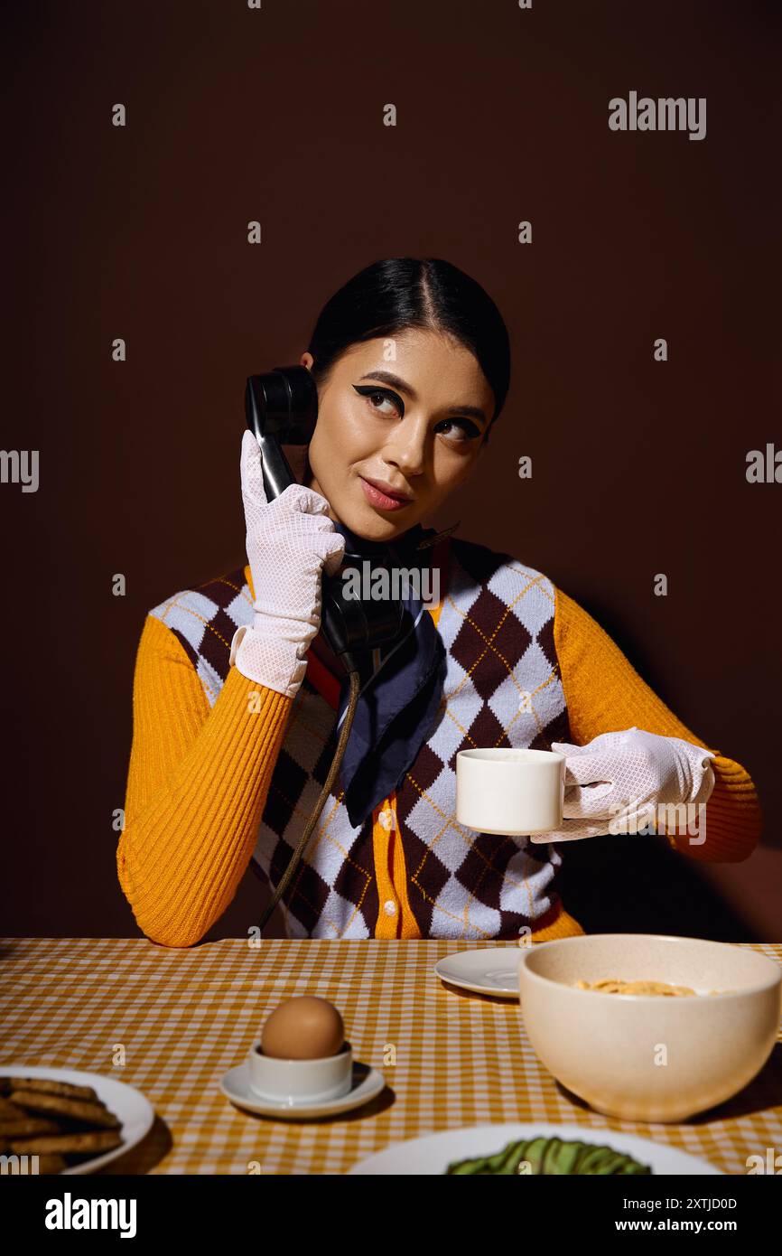 A woman in a fashionable outfit poses while on a rotary phone and ...