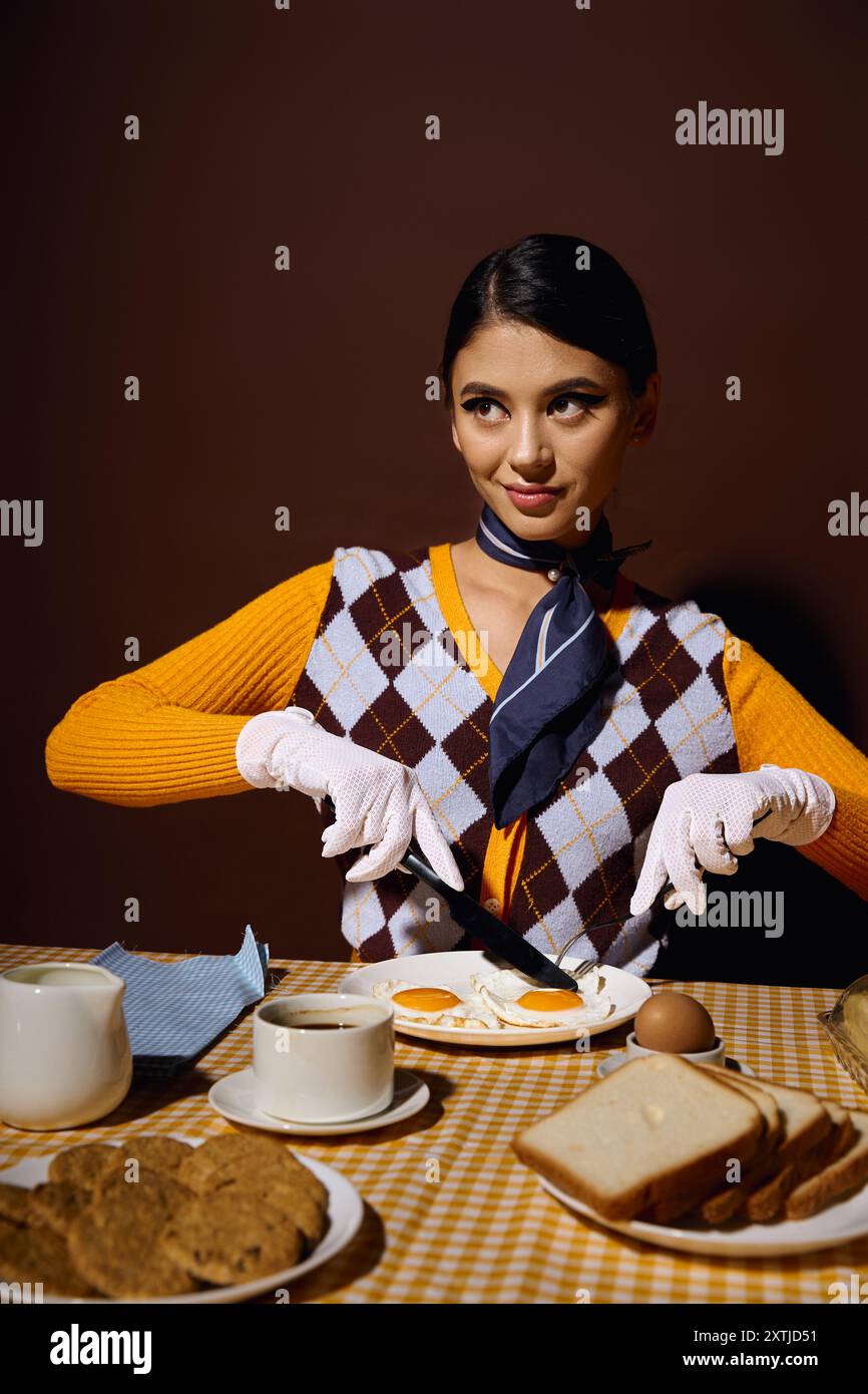 A woman in a stylish outfit enjoys a meal of eggs, toast, and coffee ...
