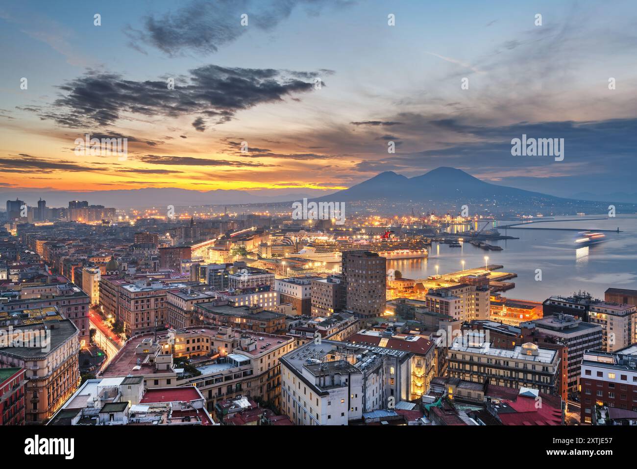 Naples, Italy city skyline overlooking the port towards Vesuvius at ...