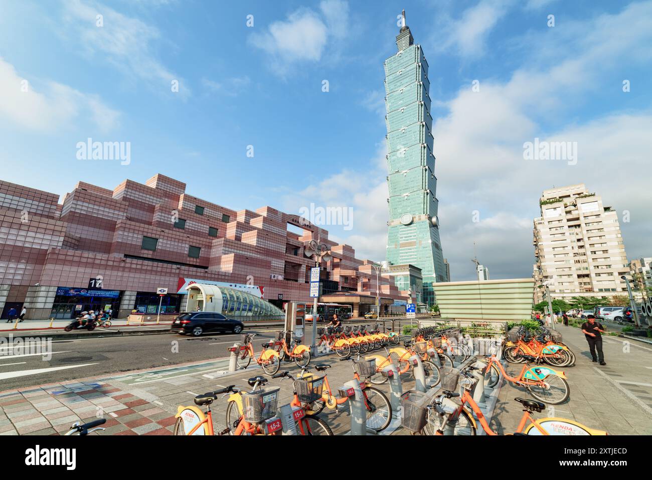 Unusual view of Taipei 101 and orange YouBikes, Taipei, Taiwan Stock ...