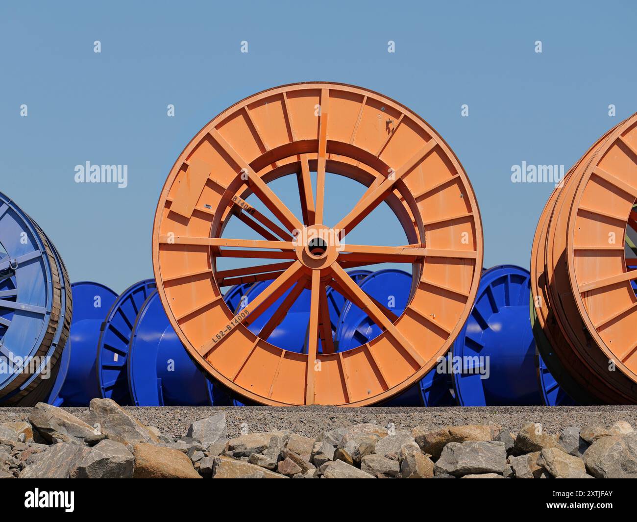 Colorful cable reels at the cable factory near Karlskrona. Industrial ...