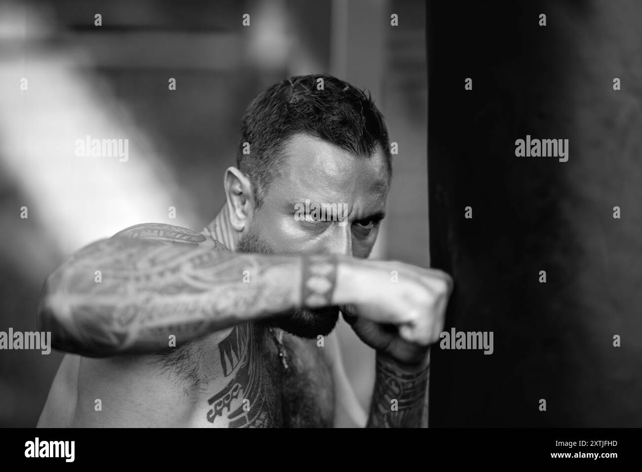 Hispanic male sport model boxing punching bag. Man boxer face close up ...