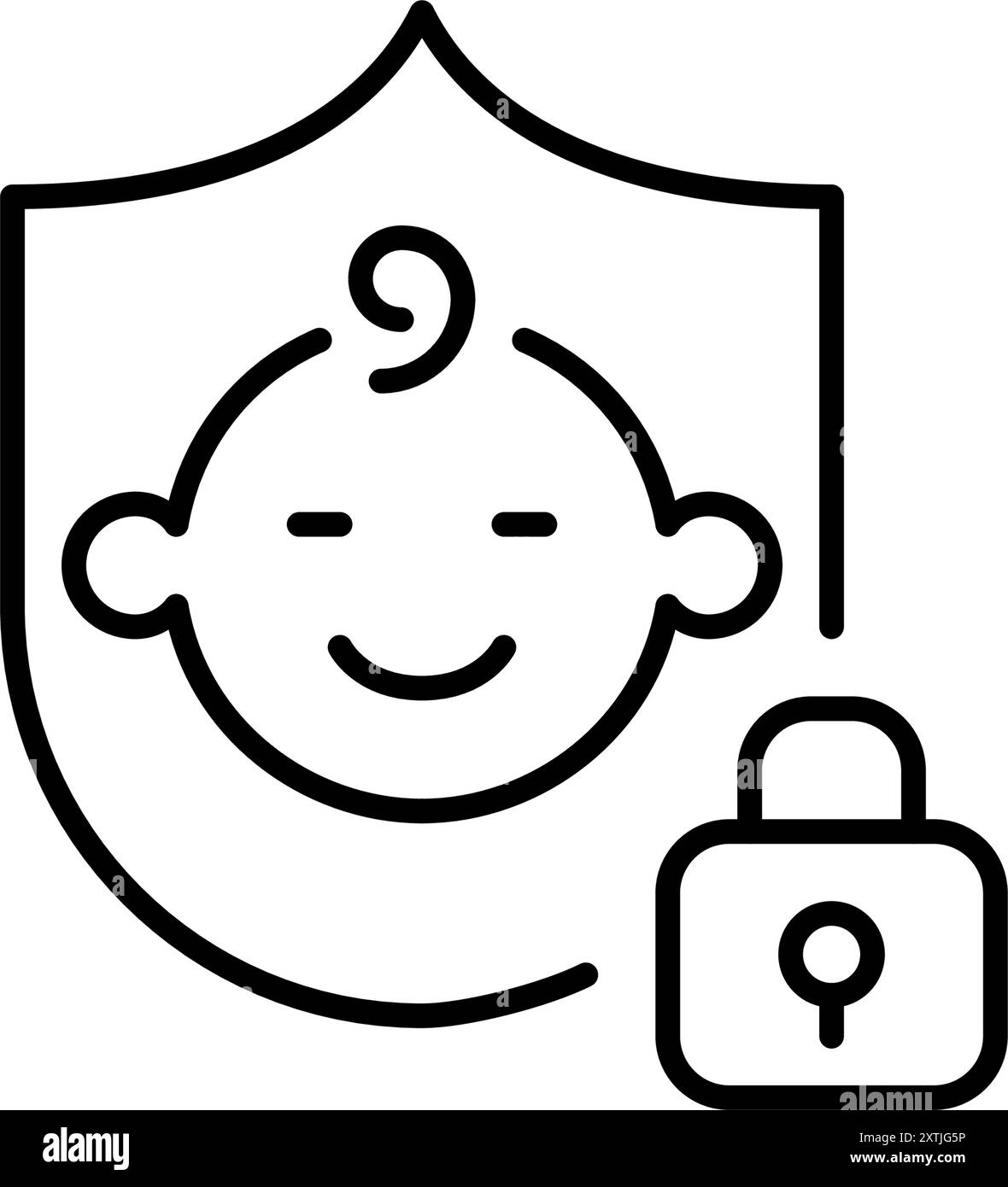 Baby face on shield and lock. Infant safety, childproof environment ...