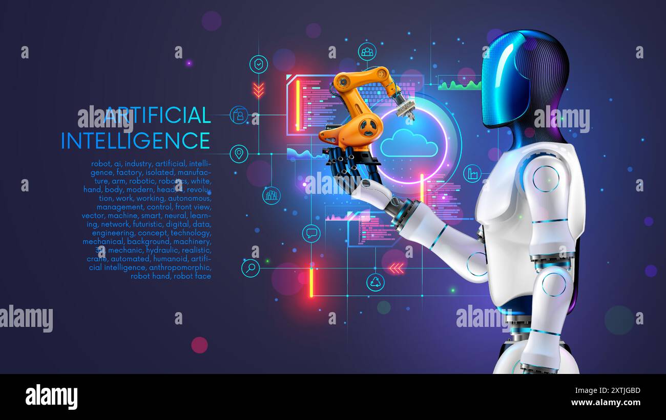 AI management work robots on factory. Humanoid robot with artificial intelligence or AI controls ...