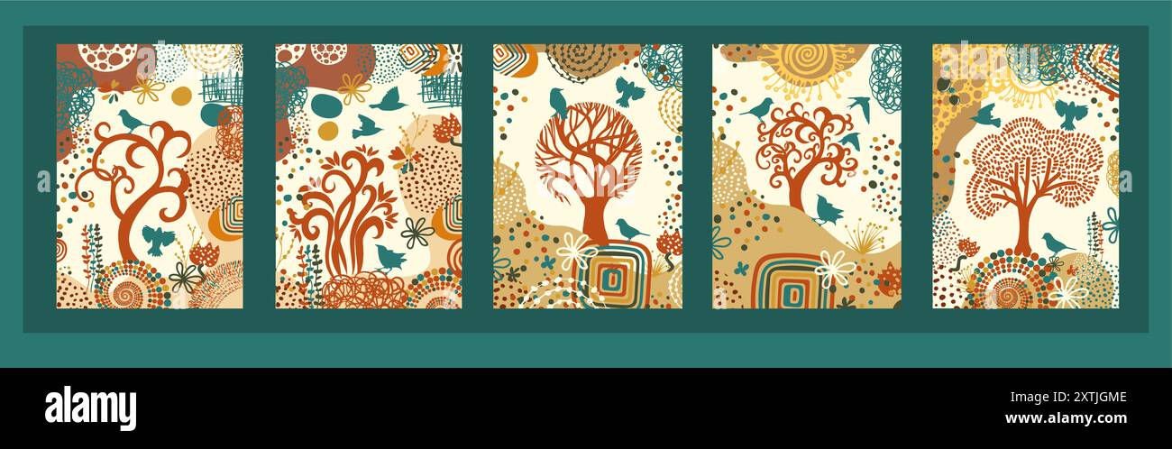 A set of paintings with decorative trees and birds. Decorative tree and ...