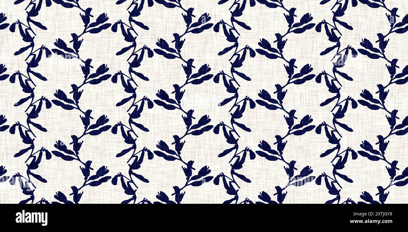 Indigo denim blue leaf motif seamless border. Japanese dye batik fabric ...
