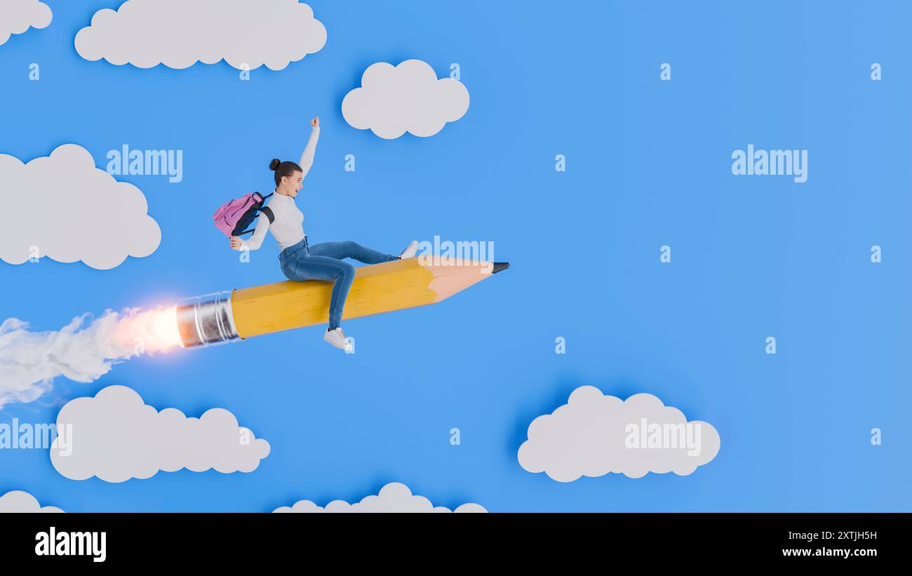 A woman with a pink backpack rides a rocket-powered yellow pencil ...