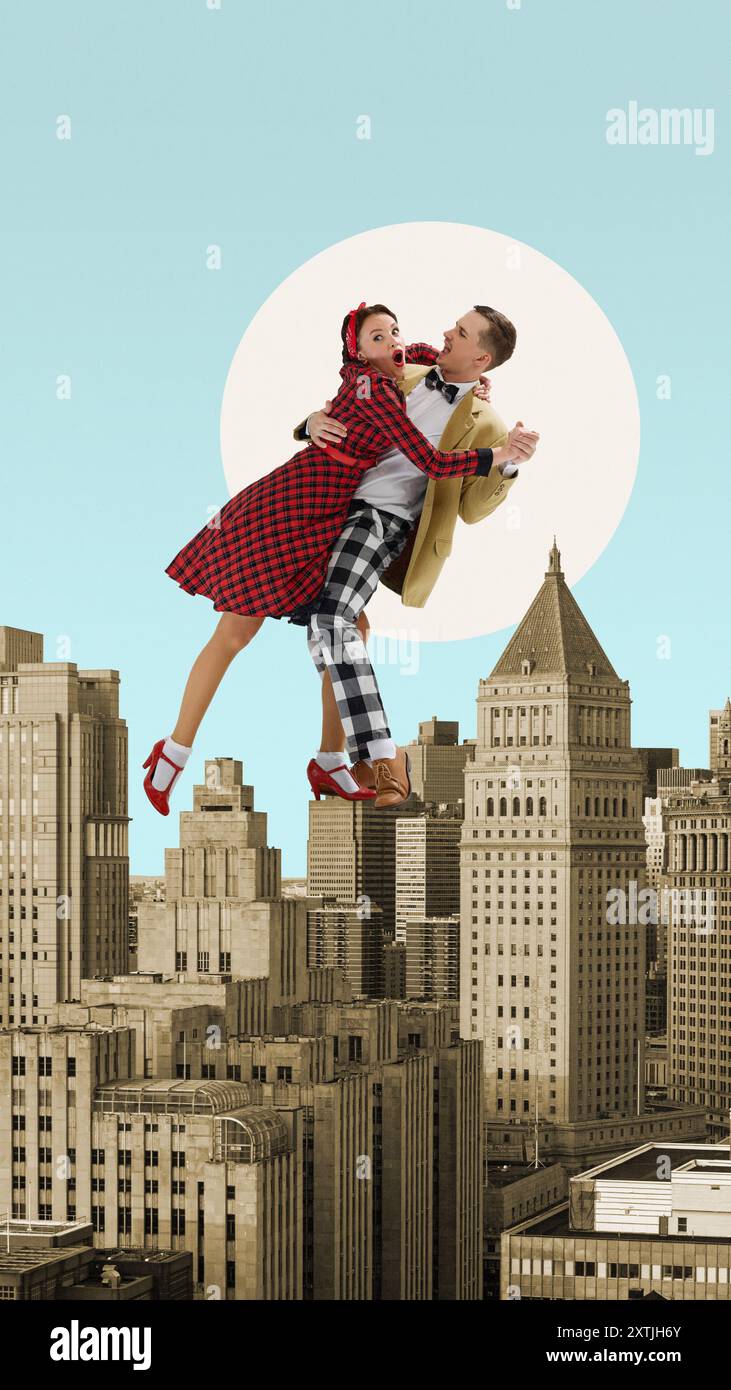 Swinging above the city. Beautiful stylish couple dancing above urban ...