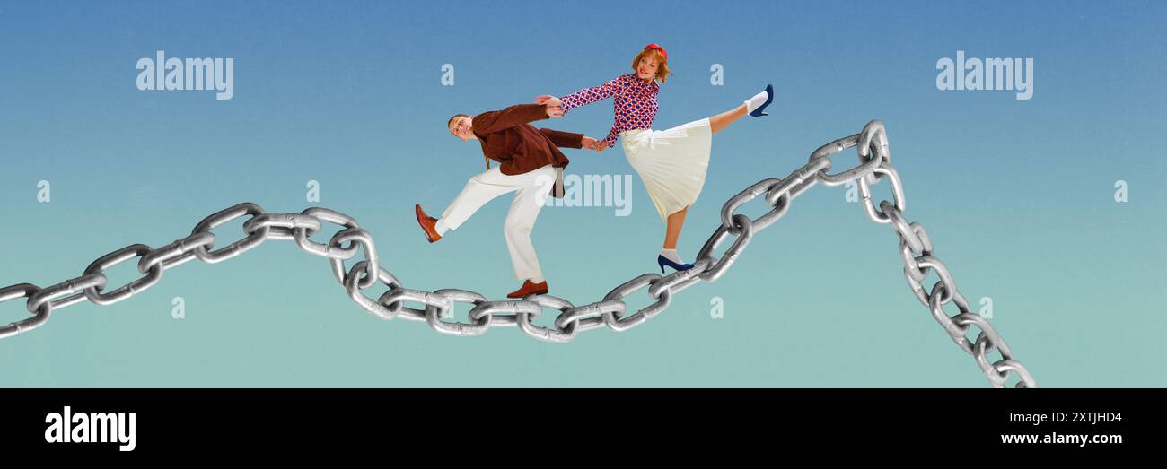 Stylish young man an woman, couple dancing joyfully on chain ...