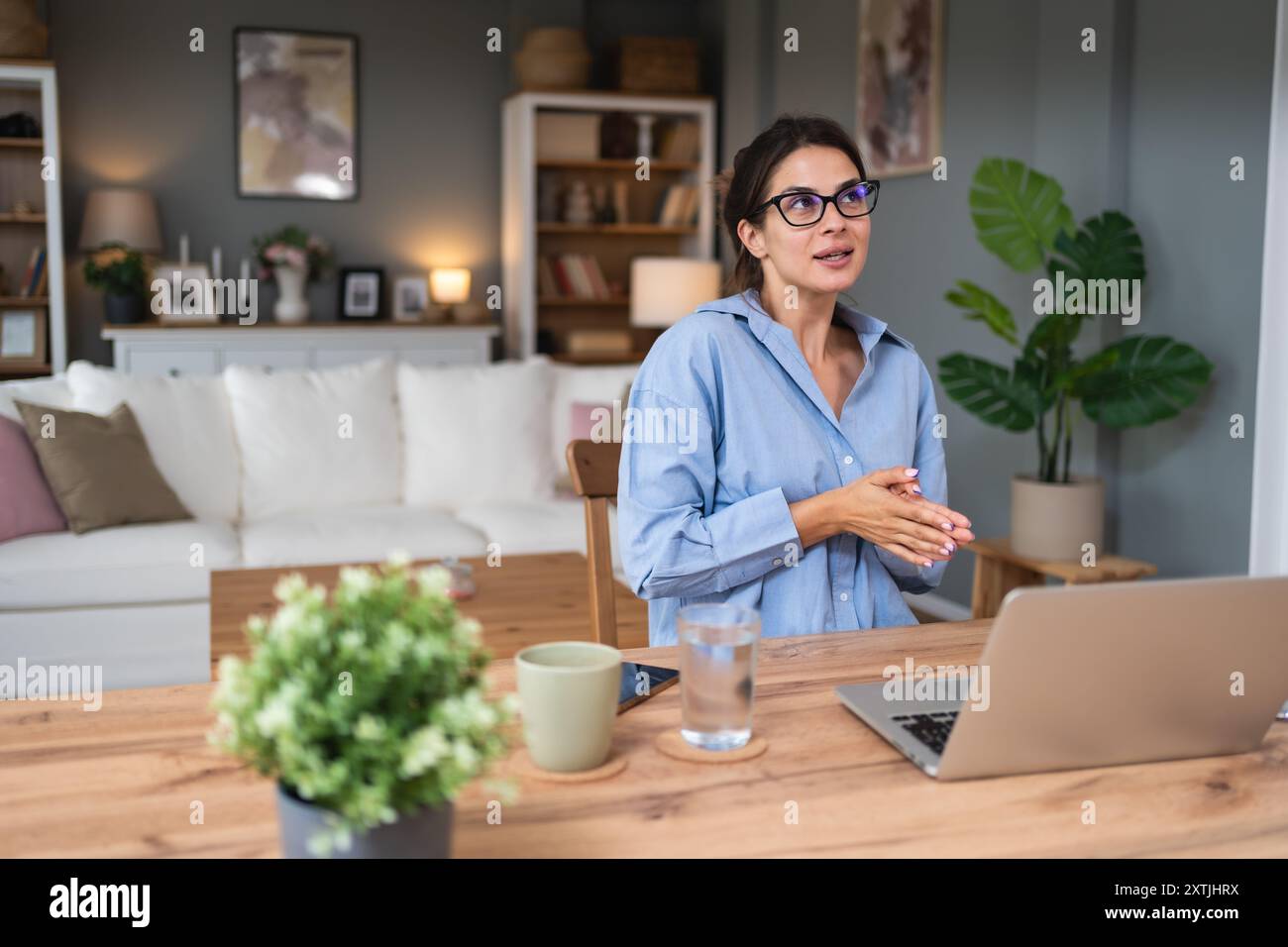 Business woman video call. Young successful female working at home ...