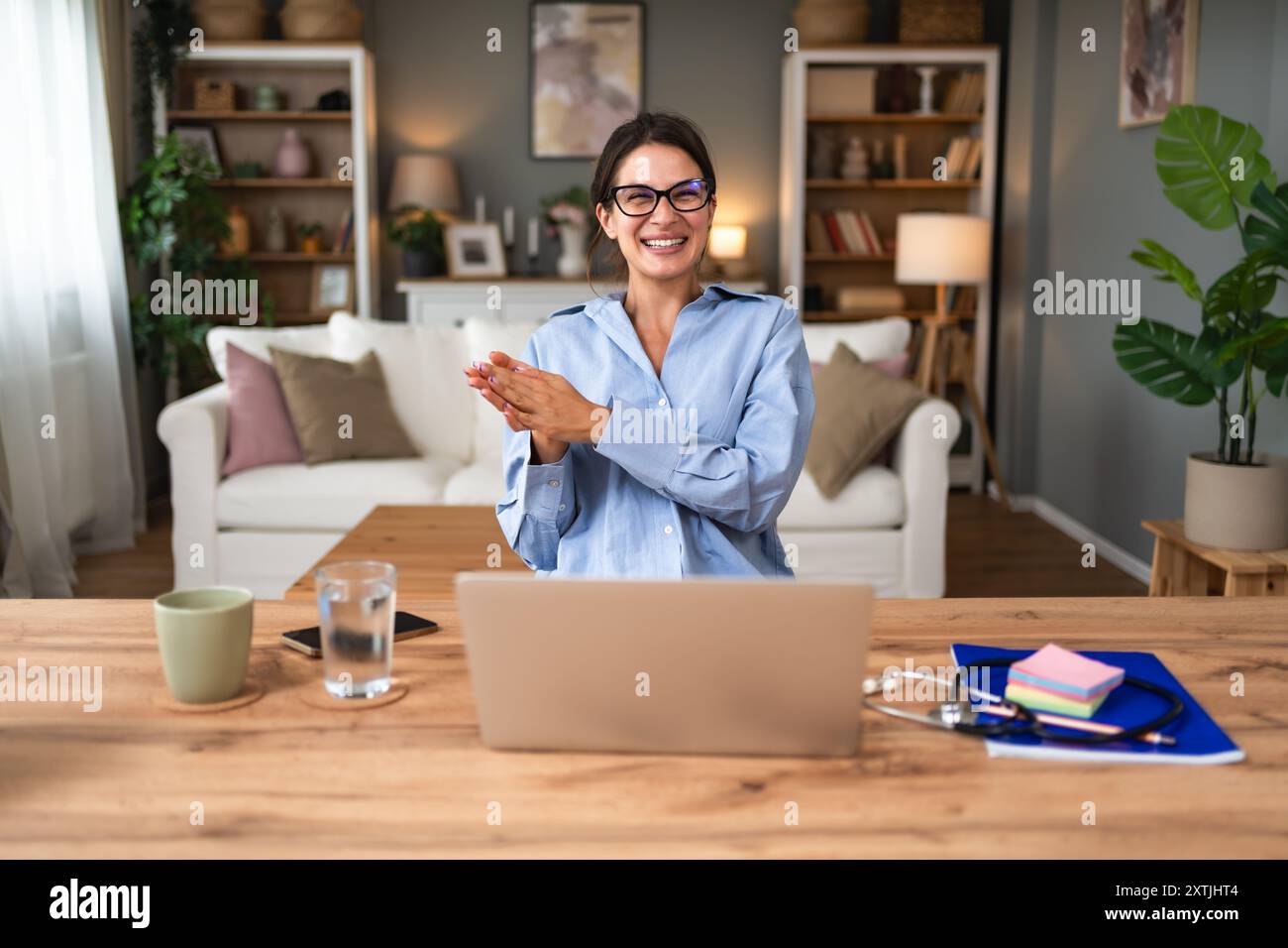 Business woman video call. Young successful female working at home ...