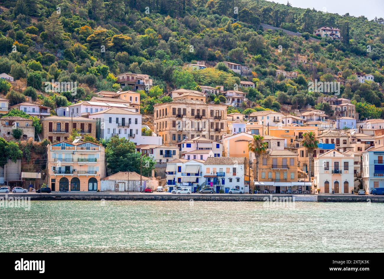 The waterfront of Gytheio, with neo-classical houses. Gytheio is a town ...