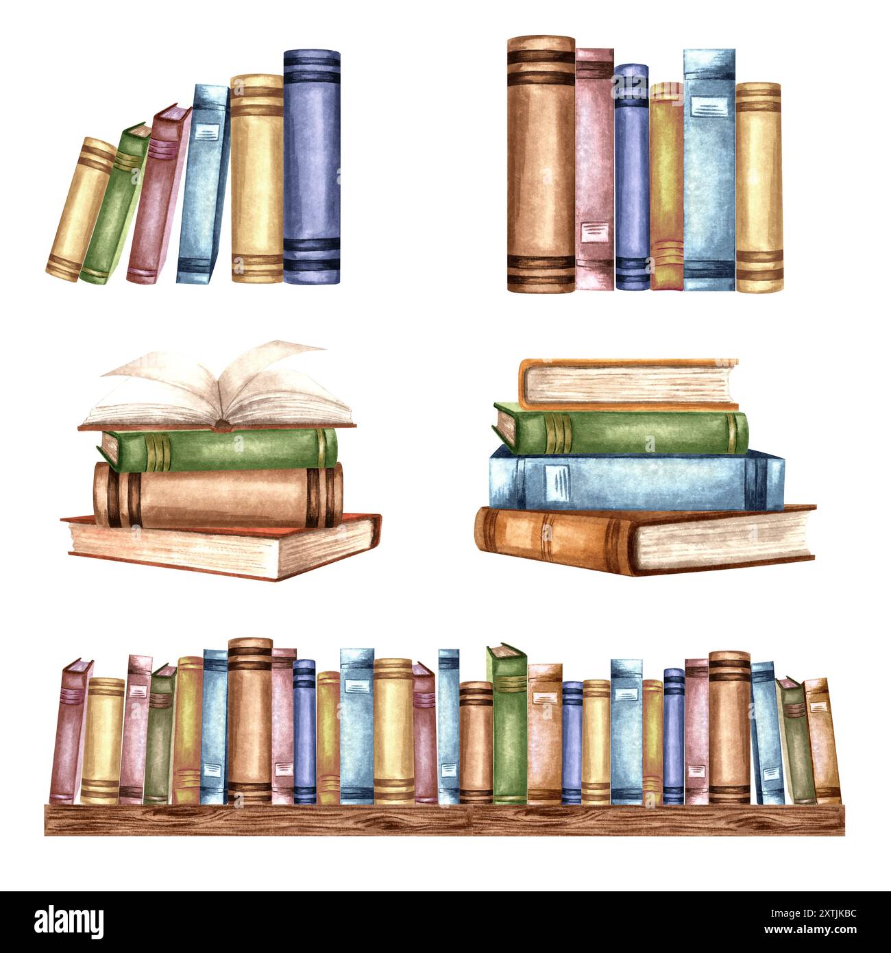 Books in stacks and in row on wooden shelf. Set of isolated hand drawn ...