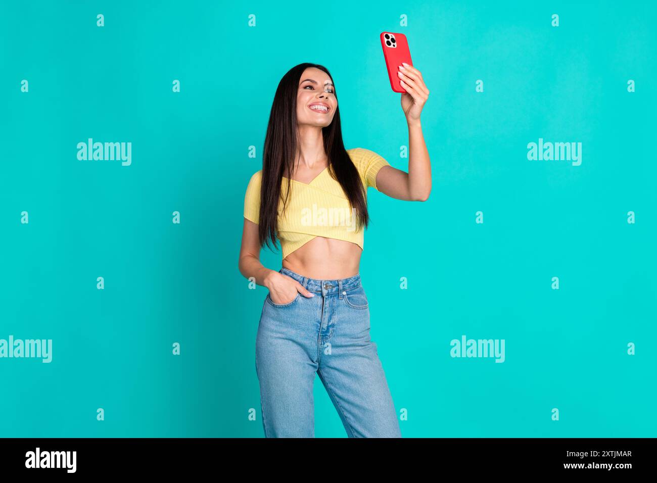 Portrait of pretty young woman smart phone make selfie wear top ...