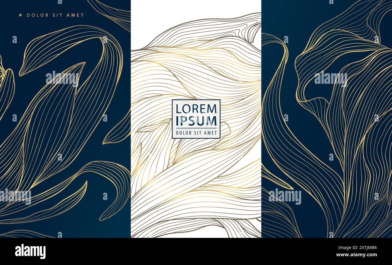 Vector set of gold floral labels, leaf abstract wine package, jewelry ...