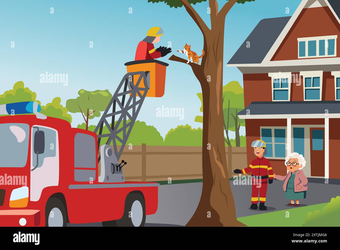 A vector illustration of Fire Department Helping Grandma Rescue Her Cat ...