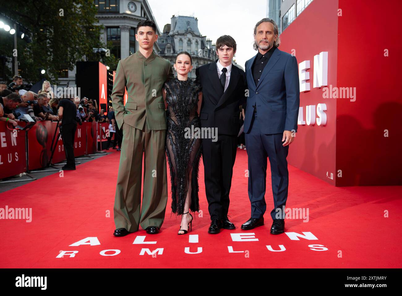 Archie Renaux, from left, Cailee Spaeny, Spike Fearn, and Fede Alvarez ...