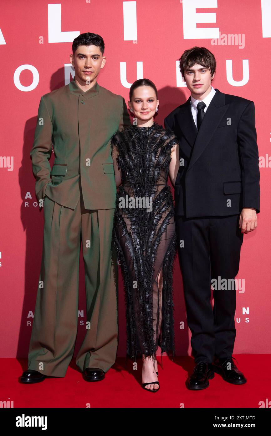 Archie Renaux, from left, Cailee Spaeny, and Spike Fearn pose for ...