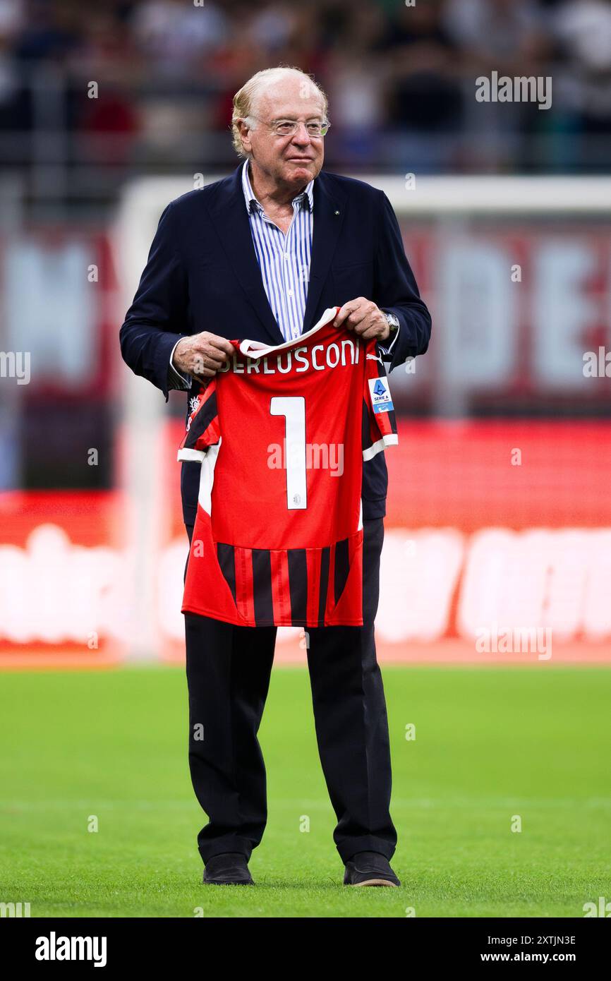 Milan, Italy. 14 August 2024. Paolo Scaroni holds a jersey with number ...