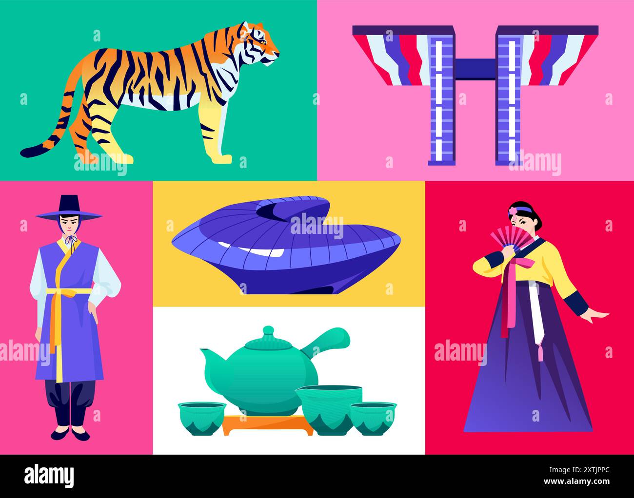 Korean architecture and traditions - set of flat design style colorful ...