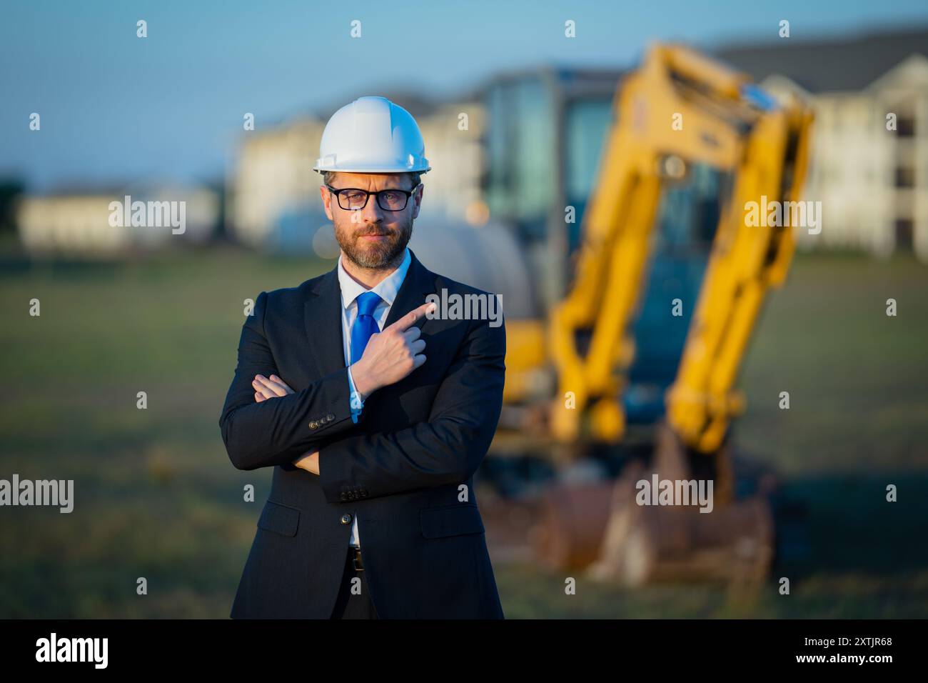 Construction builder investor. Man investor in front of construction ...