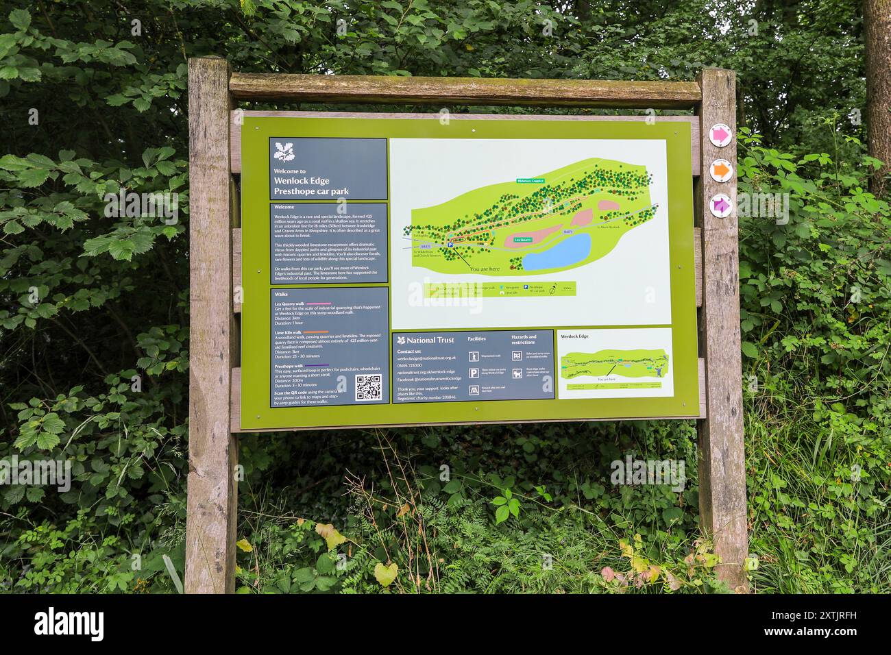 A sign, notice board and map at Presthope car park, Wenlock Edge, Much ...