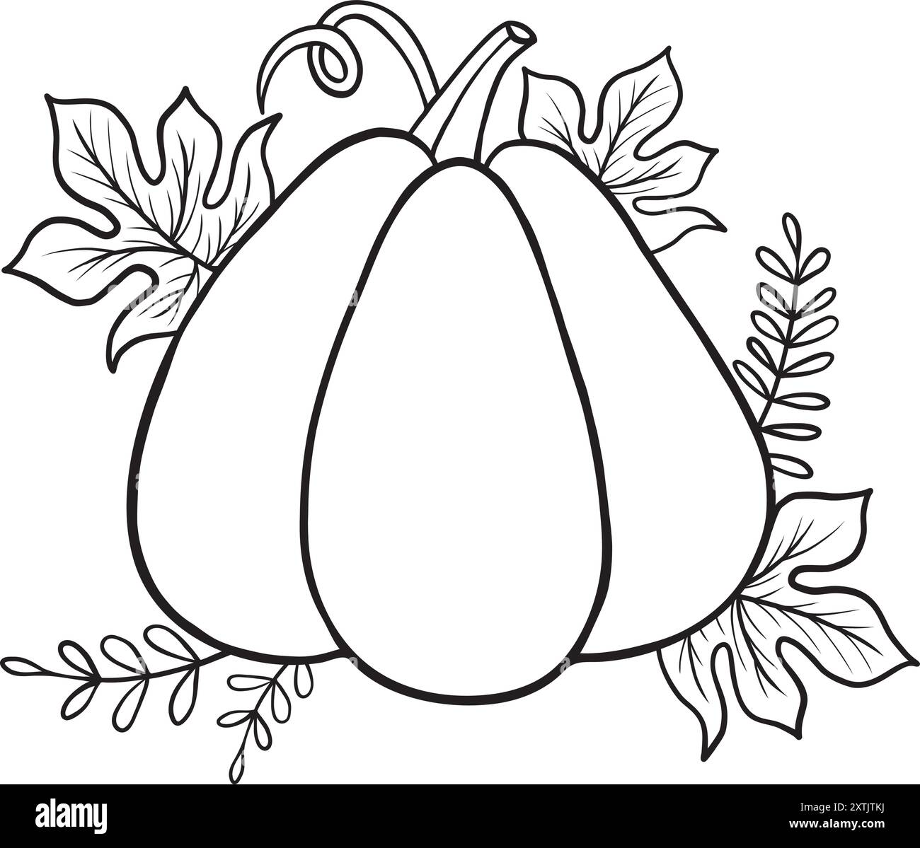 Autumn pumpkin with leaves. Outline stroke. Vector illustration. Line ...