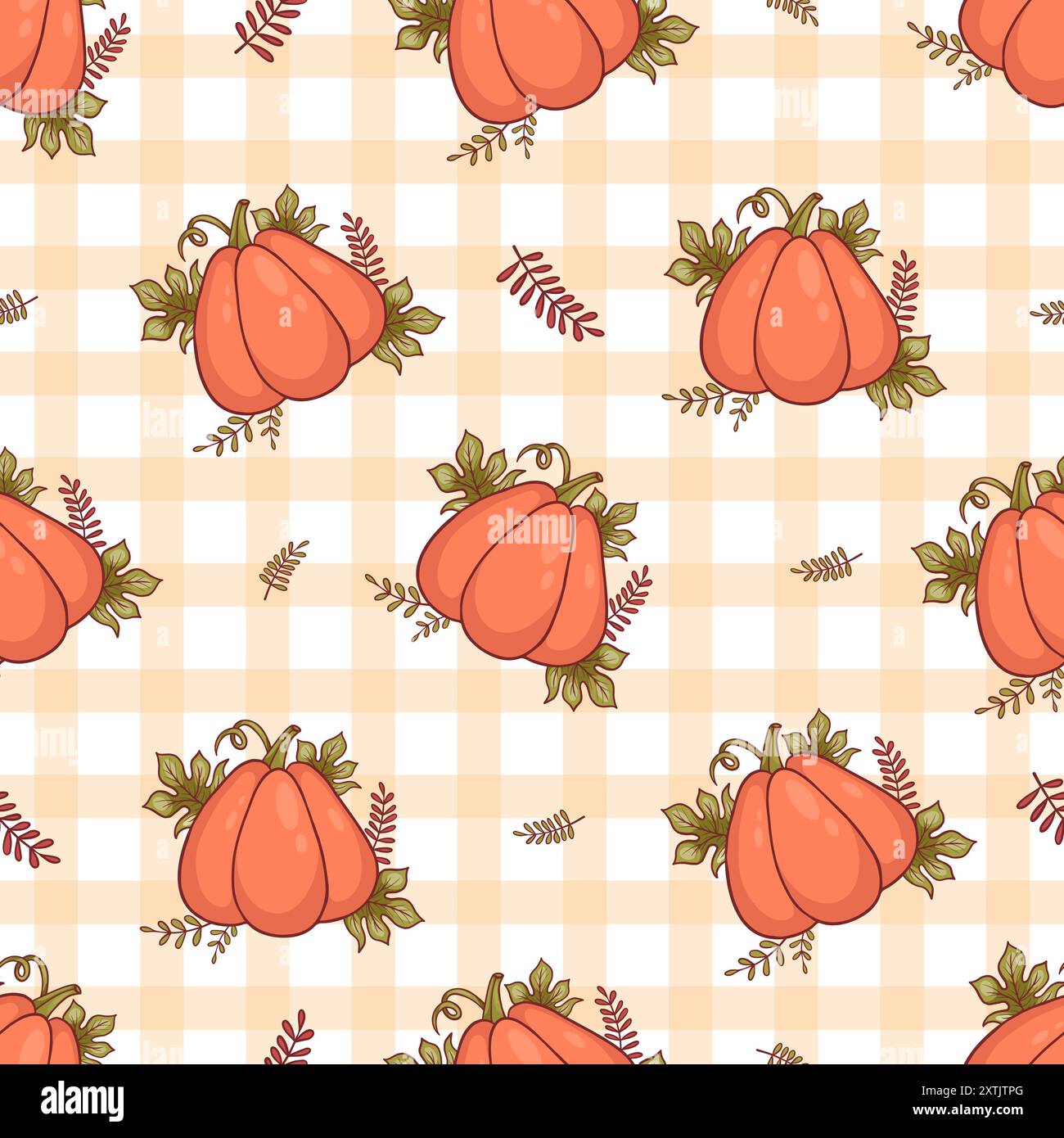 Autumn seamless pattern with orange pumpkin with leaves on checkered ...