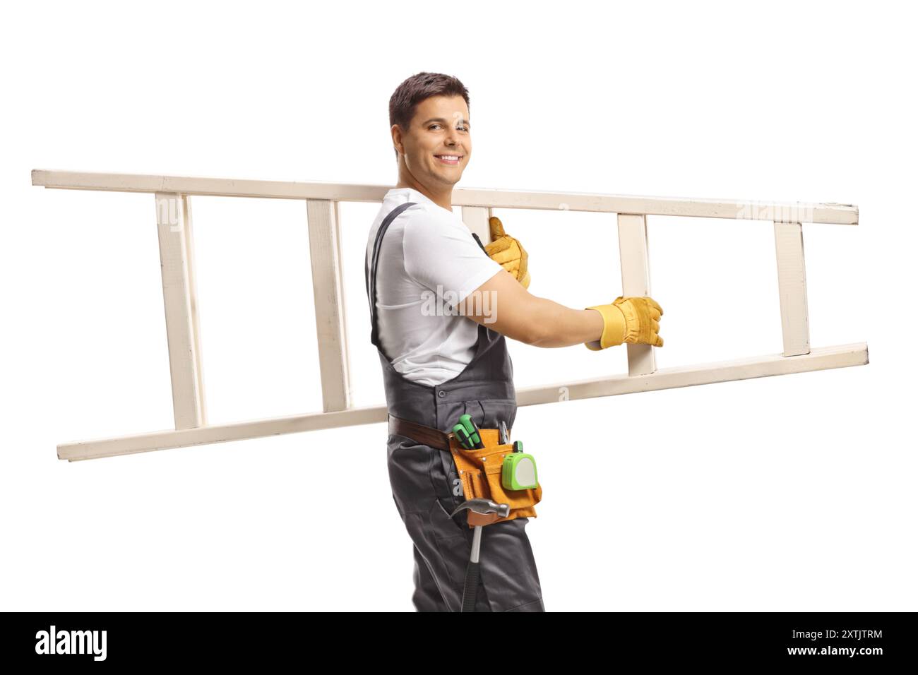 Repairman walking and carrying a ladder isolated on white background Stock Photo - Alamy