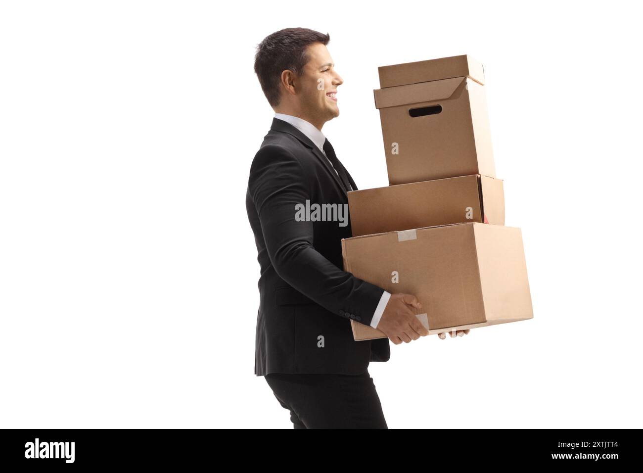 Businessman walking and carrying boxes isolated on white background ...